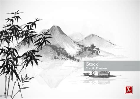 낚시 보트 및 섬 산 전통적인 동양 잉크 그림 Sumie U죄가 화 상형 문자를아름다움에 포함 되어 있습니다 0명에 대한 스톡 벡터 아트 및 기타 이미지 Istock