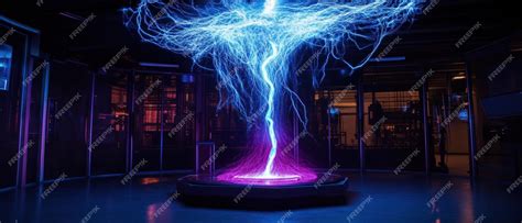 blue electrical discharge arcing above circular platform premium ai