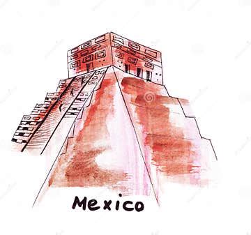 Stationillustration Landmark Sketching Sun Pyramid In Mexico Stock