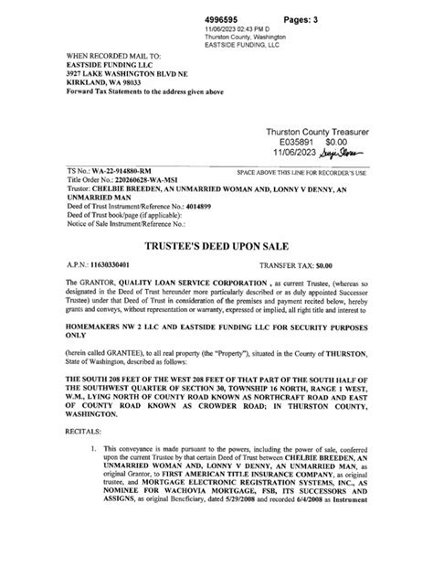 Trustees Deed Of Sale In Thurston County Pdf Deed Land Law