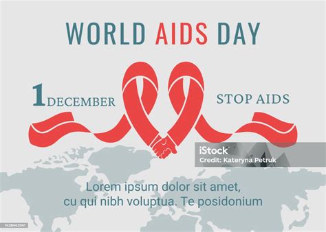 세계 에이즈의 날 배너입니다 에이즈 통제의 상징으로 빨간 리본 Hiv 감염자 지원 글자가 있는 세계 지도입니다 벡터 그림 0명에 대한 스톡 벡터 아트 및 기타 이미지