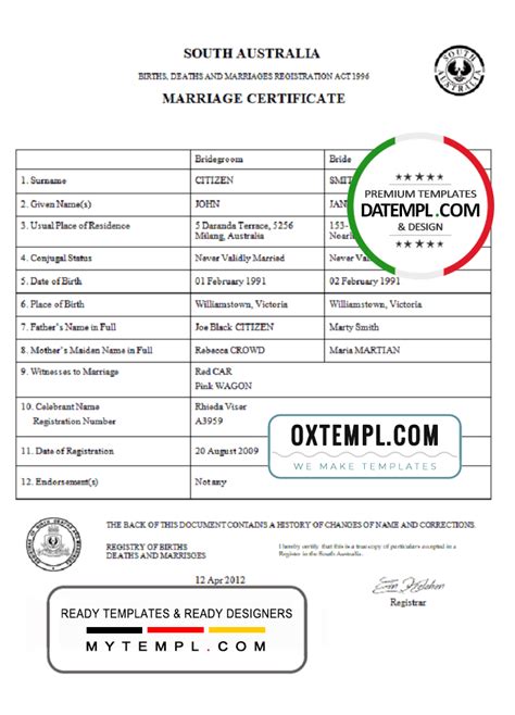Australia South Australia Marriage Certificate Template In Word Format Download At Gotempl Pro