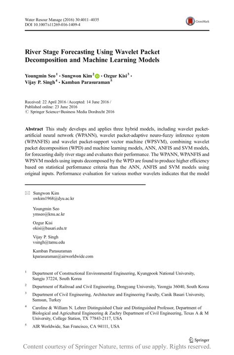 River Stage Forecasting Using Wavelet Packet Decomposition And Machine Learning Models Request Pdf