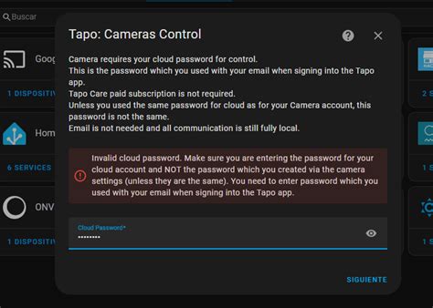 tapo c200 camera control integration credentials not working