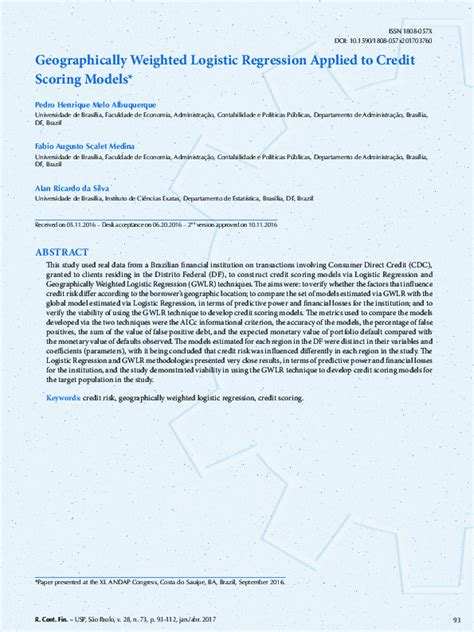 Pdf Geographically Weighted Logistic Regression Applied To Credit