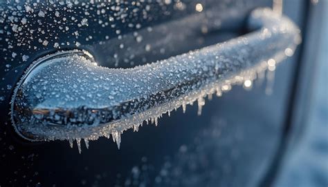 a closeup of an icy car door handle covered in frost highlighting the