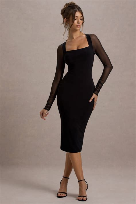 Off Track Black Bodycon Midi Dress With Sheer Sleeves Club L London Usa
