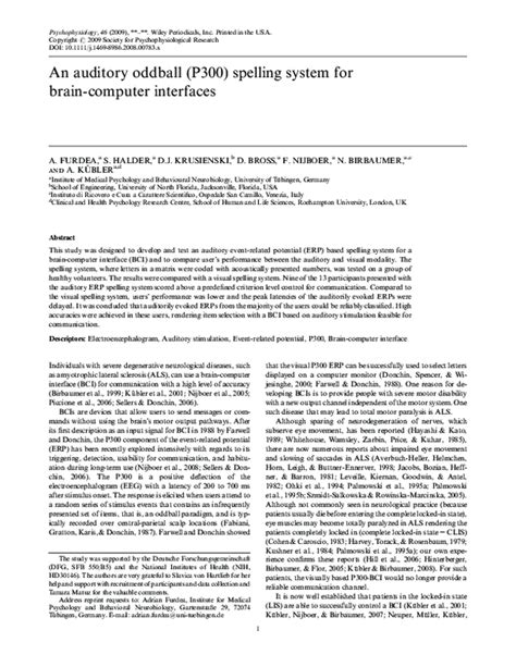 Pdf An Auditory Oddball P300 Spelling System For Brain Computer Interfaces