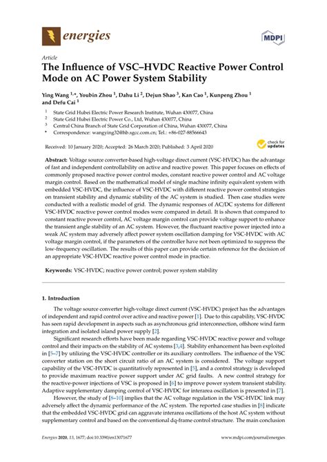 Pdf The Influence Of Vschvdc Reactive Power Control Mode On Ac Power