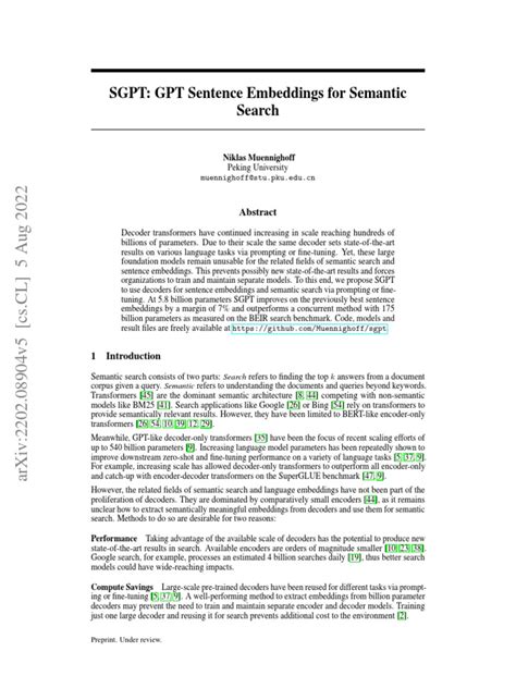 Sgpt Gpt Sentence Embeddings For Semantic Search Preprint Under Review Download Free Pdf