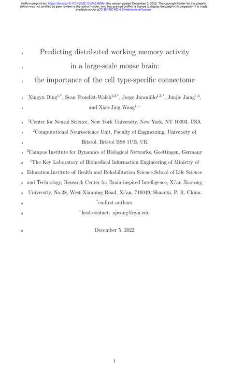 Pdf Predicting Distributed Working Memory Activity In A Large Scale Mouse Brain The