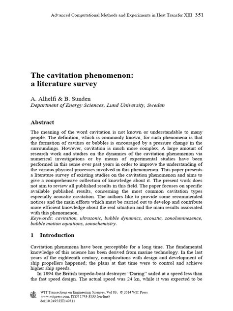 Alhelfi Sunden 2014 The Cavitation Phenomenon A Literature Survey Pdf Liquids Ultrasound