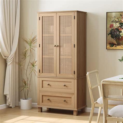 Fotosok Kitchen Pantry Storage Cabinet Tall Storage Cabinet With Rattan Doors And 2 Drawers