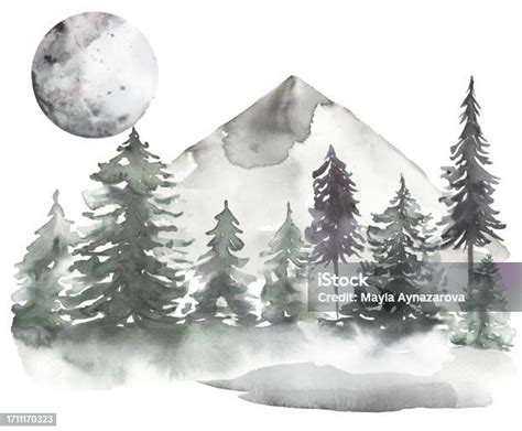 수채화 숲 나무 달과 산의 매끄러운 테두리 삼림 반복 테두리 나무 구성 겨울 자연 프레임 0명에 대한 스톡 벡터 아트 및 기타 이미지 Istock