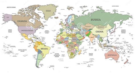 Detailed World Map With Borders And Countries Isolated On White Stock