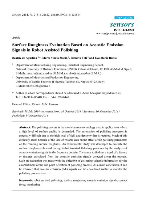 Pdf Surface Roughness Evaluation Based On Acoustic Emission Signals In Robot Assisted Polishing