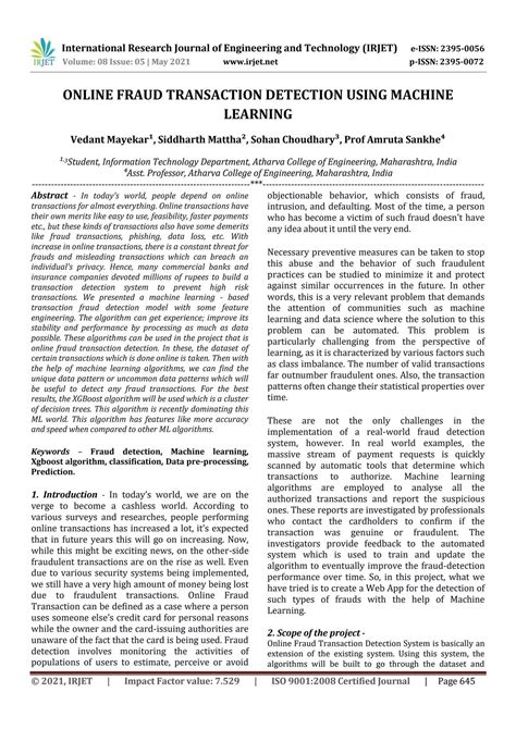 Irjet Online Fraud Transaction Detection Using Machine Learning By Irjet Journal Issuu
