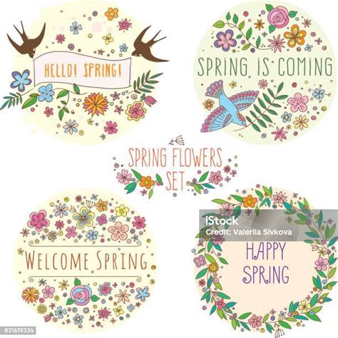 흰색과 베이지색 배경 손으로 그린 꽃과 잎 인사말 카드 초대장 및 웹 디자인에 장식 꽃 잎과 새 요소와 스프링에 벡터 글자의