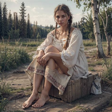 A Russian Girl Is A Serf Peasant A Poor Girl Barefoot In A Torn