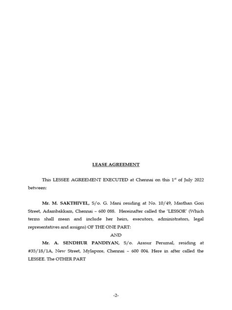 Lease Agreement Sakthivel Pdf Lease Private Law