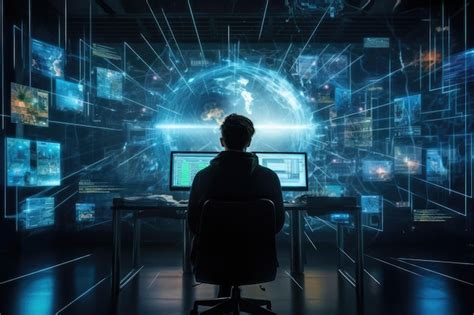 Premium AI Image Illusionary Code Portraits Of A Cinematic Hacker Amidst Holographic Sketches