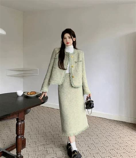 노렐르 ️ 노카라 수술 트위드 자켓 롱 스커트 세트 하객룩 추천