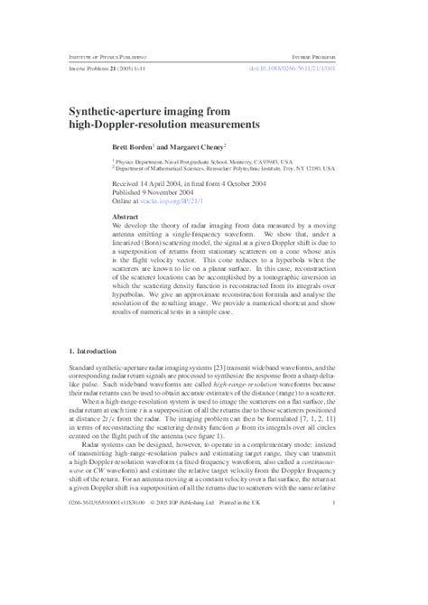 Pdf Synthetic Aperture Imaging From High Doppler Resolution Measurements