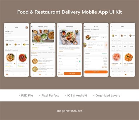 음식 및 식당 배달 모바일 앱 Ui 키트 프리미엄 Psd 파일