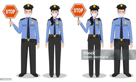 경찰 미국 및 검역 개념 전통적인 유니폼과 보호 마스크를 입은 미국 경찰관과 경찰관 부부는 평평한 스타일의 흰색 배경에 함께 서 있습니다 벡터 그림입니다 개념에 대한 스톡