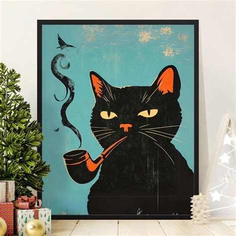 Vintage Cat Smoking Pipe Poster Retro Black Cat Art Print Whimsical
