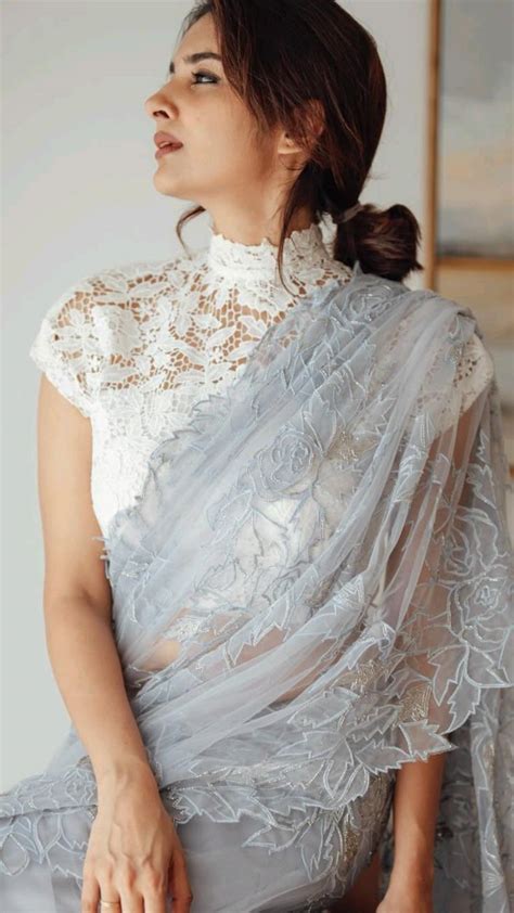 Lace High Neck Blouse With A Sheer Lace Border Saree Is Match Made In