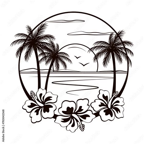 Tropical Beach With Beautiful Sunset View And Palm Trees Sketch Style