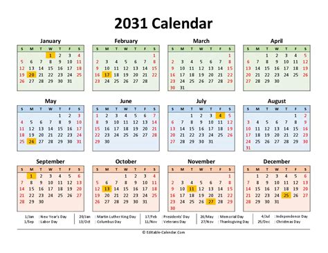 Download 2031 Printable Calendar Free With Us Holidays Weeks Start On