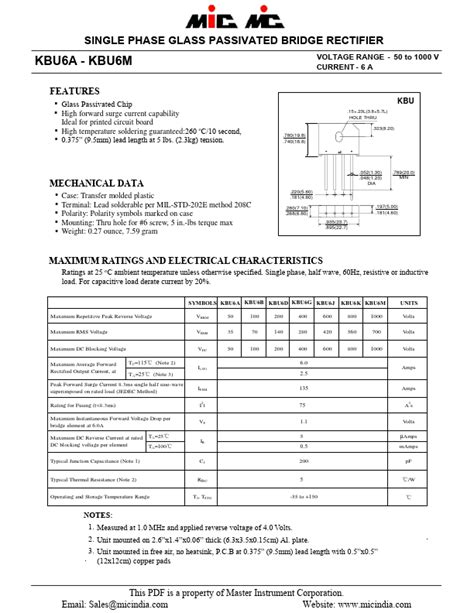 Kbu6m Datasheet Pdf Single Phase Glass Passivated Bridge Rectifier Mic