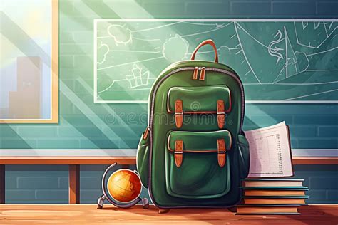 Green Schoolbag And Books Stack On Desk In Classroom Stock Illustration