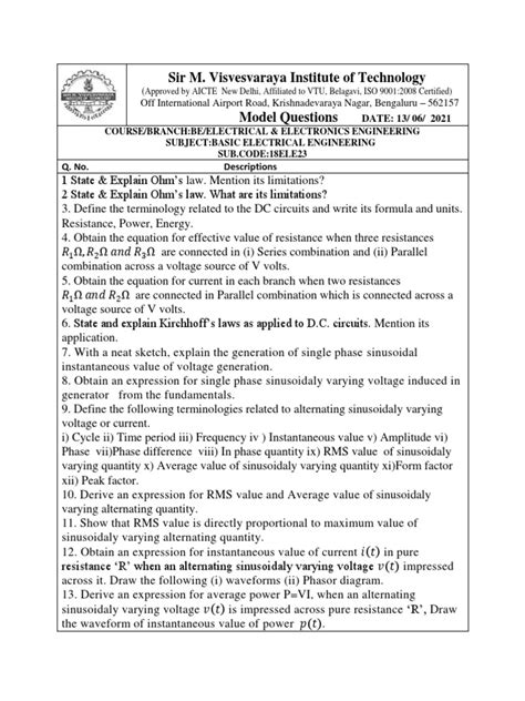 Bee Model Questions 18ele23 Pdf Root Mean Square Series And Parallel Circuits