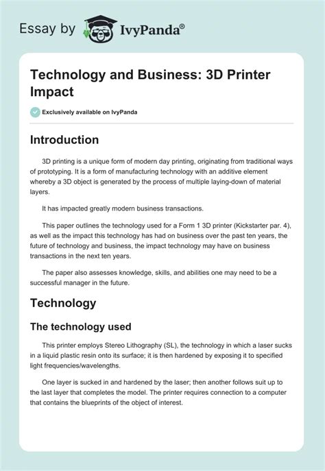 Technology And Business 3d Printer Impact 590 Words Research Paper Example