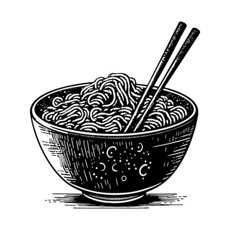 Handgezeichnete Schüssel Nudeln Mit Essstäbchen Premium Vektor