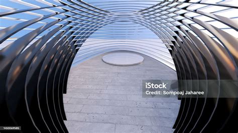 현대 콘크리트 빈 공간 바닥 및 벽은 타원형으로 흔들리는 금속 구조물입니다 투명한 하늘 산업이 있는 배경 컨셉 현대 건물 구조는 제품을 배치합니다 3d 렌더링 0명에 대한