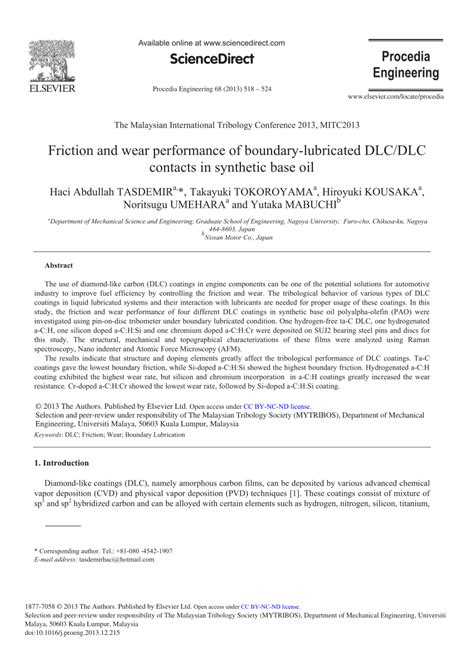 pdf friction and wear performance of boundary lubricated dlc dlc