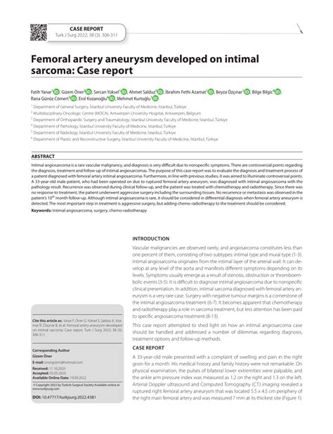 Pdf Femoral Artery Aneurysm Developed On Intimal Sarcoma Case Report