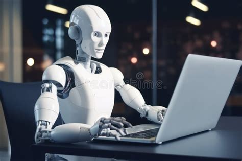 Ai Cyborg Android Robot Working With Laptop In Office Chat Gpt Artificial Intelligence Chatbot