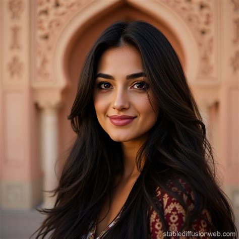 Persian Womans Gentle Smile Amidst Ornate Architecture Stable