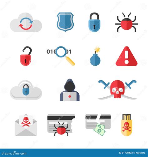 Hacker Flat Icons Set With Bug Virus Crack Worm Stock Vector Illustration Of Fraud Computer