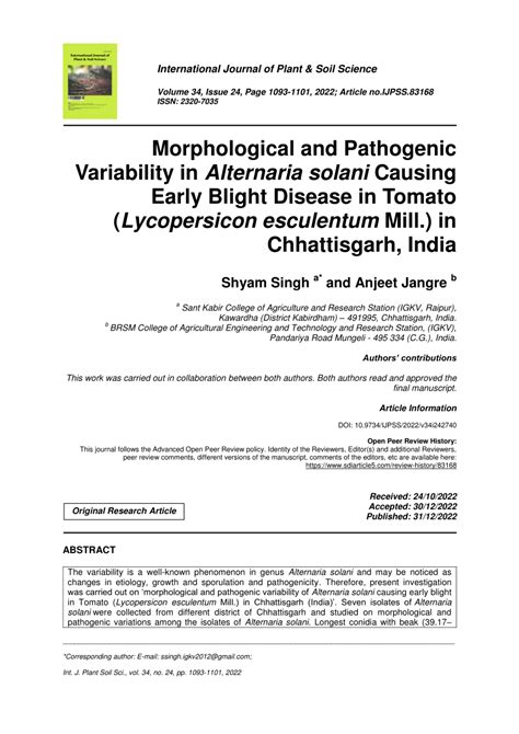 Pdf Morphological And Pathogenic Variability In Alternaria Solani Causing Early Blight Disease
