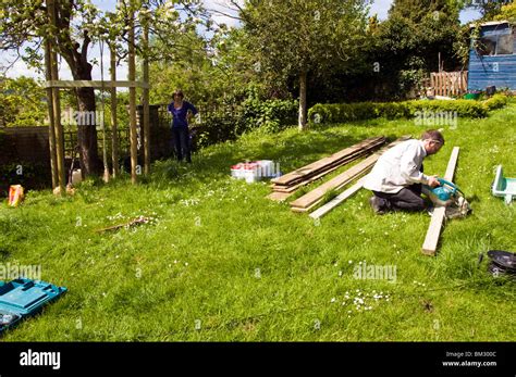 Man And Woman Building A Treehouse Around An Apple Tree Stock Photo Alamy