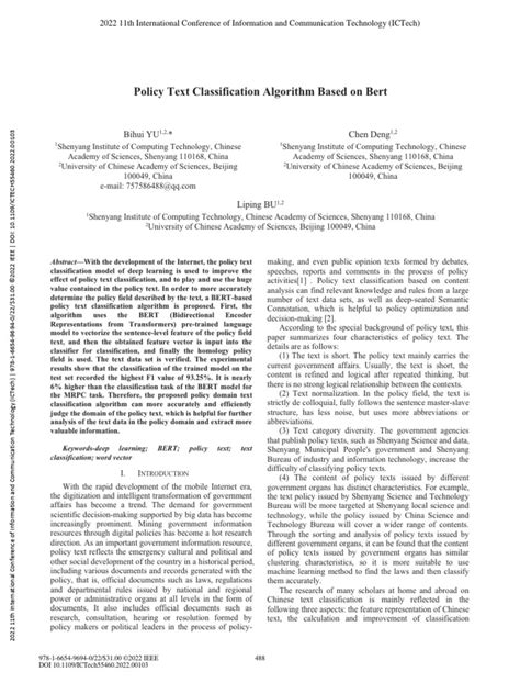 Policy Text Classification Algorithm Based On Bert Pdf