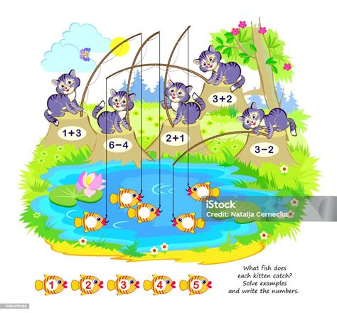 어린이를 위한 수학 교육 각 새끼 고양이는 어떤 물고기를 잡습니까 예를 풀고 숫자를 씁니다 어린이를 위한 교육 페이지입니다 학교 통합 문서에 대한 인쇄 가능한 워크시트입니다