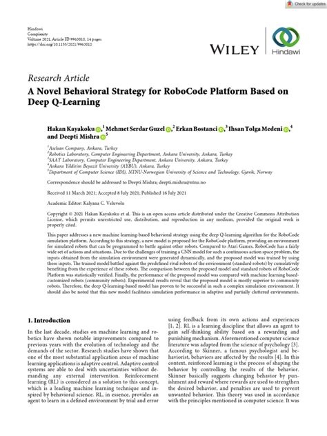 Complexity 2021 Kayakoku A Novel Behavioral Strategy For Robocode Platform Based On Deep Q