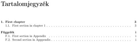 table of contents latex different appendix section label tex